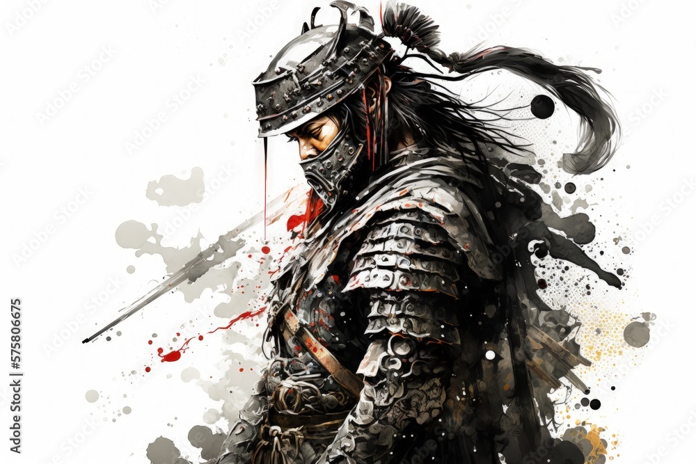 Samurai warrior painting with armor, white background. Generative AI ...