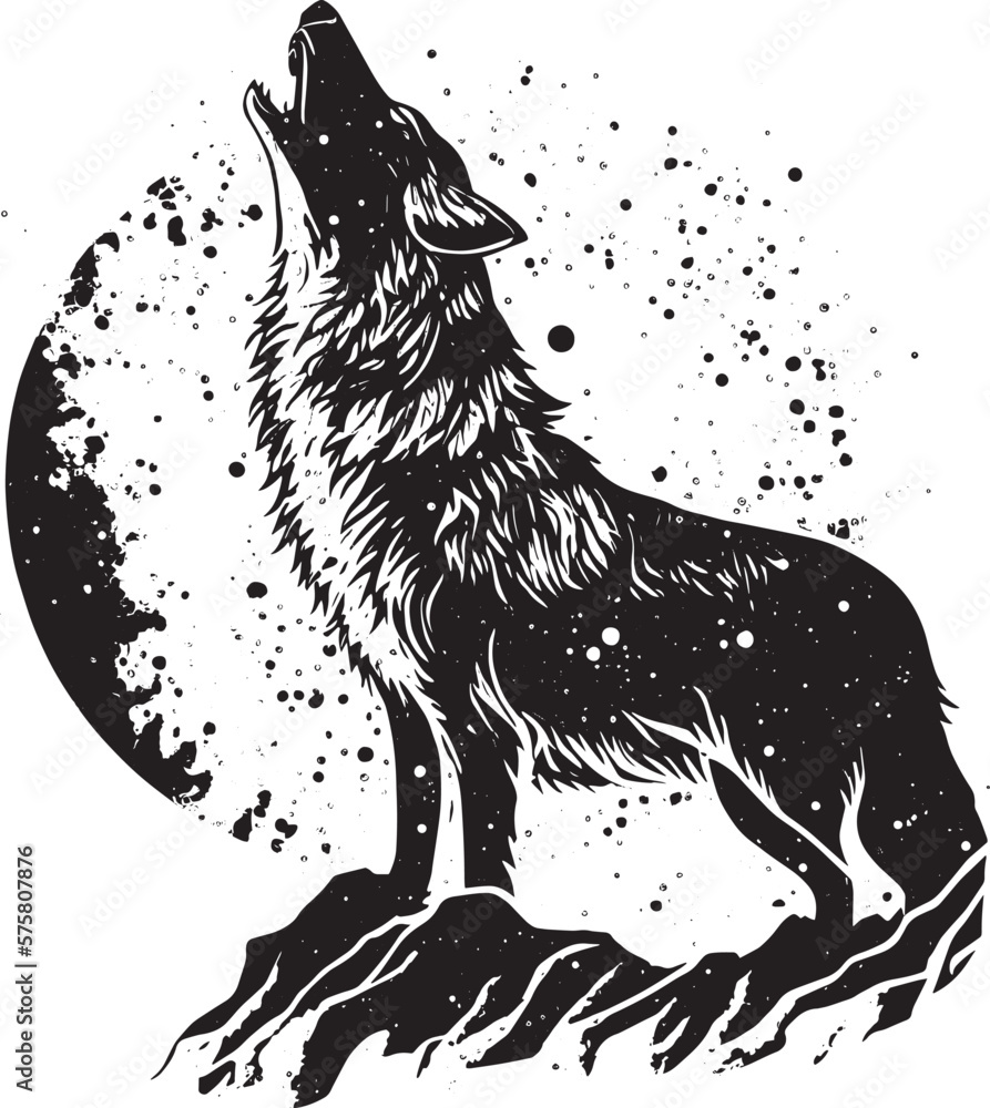 howling wolf illustration, howling wolf vector, howling wolf, black and ...