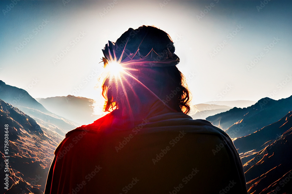 Back view of Jesus Christ with the crown of throne looking and praying to god with a sunrise sky ...