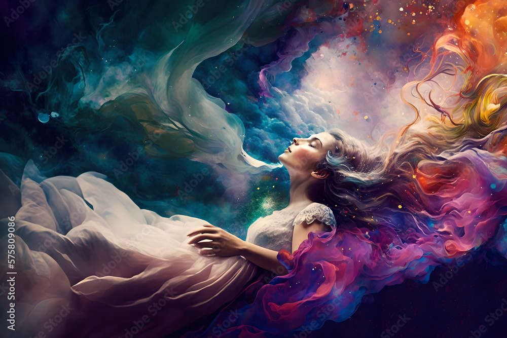 A surreal painting of a woman floating in the sky in her dream, with ...