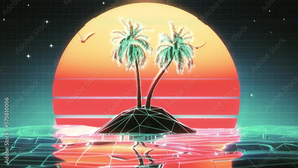 Retro-Futuristic Palm Island Sunset arcade retro game graphics Stock ...