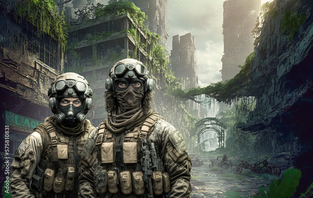 A stalker battle squad explores an abandoned city. Realistic digital ...