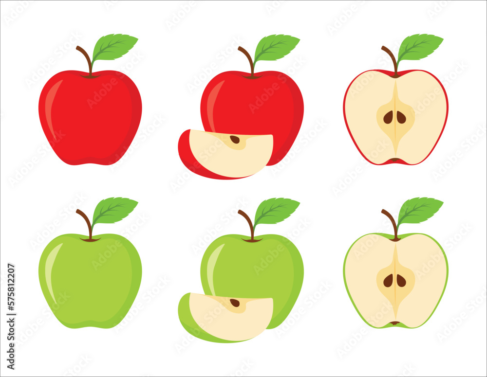Apple fruit vector set in red and green colour. Set of apples and sliced apples isolated on ...