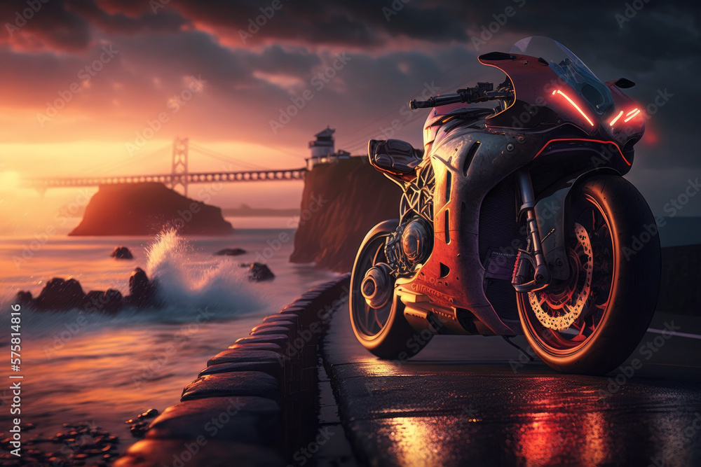 Photorealistic ai artwork of a red Italian sports motorcycle riding ...