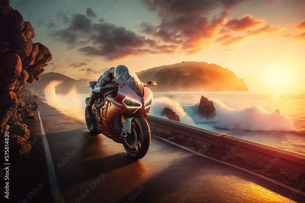 Photorealistic ai artwork of a red Italian sports motorcycle riding ...