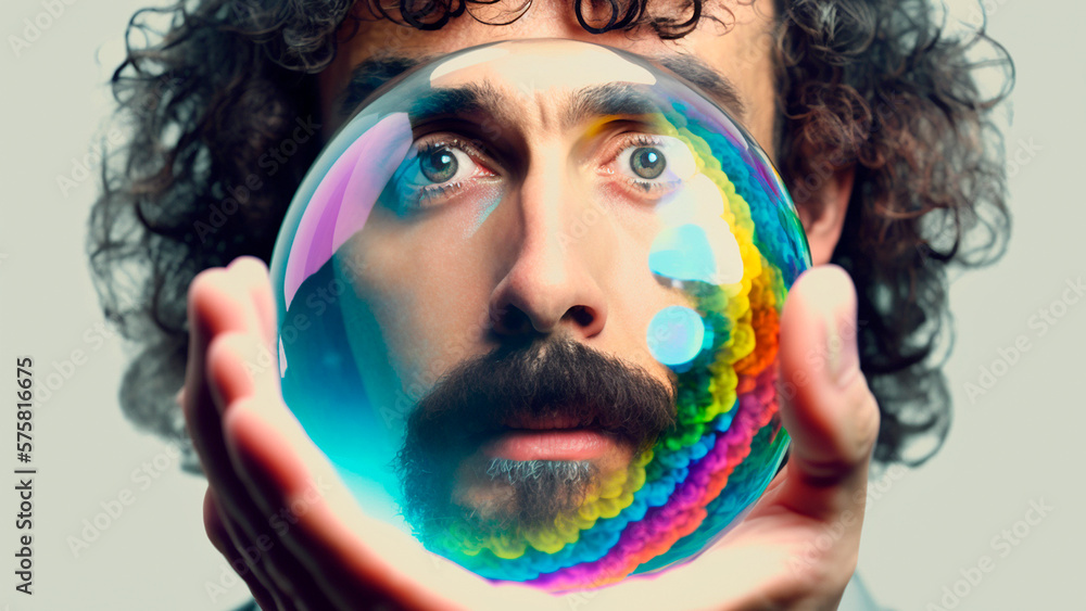 colorful man with curls, a beard and a silver-colored mustache holds a ...