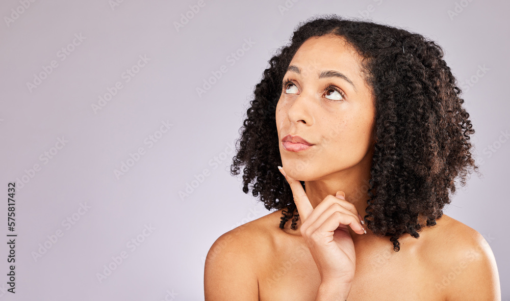 Black woman, thinking and skincare in studio with ideas, confused and ...