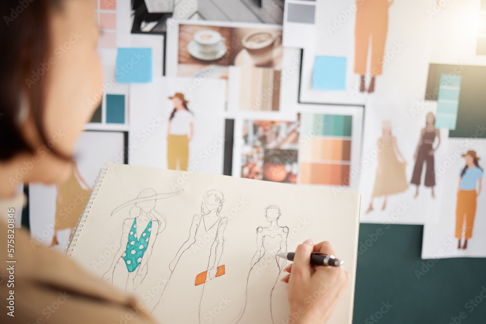 Fashion designer, planning and creative woman sketch, color palette and ...