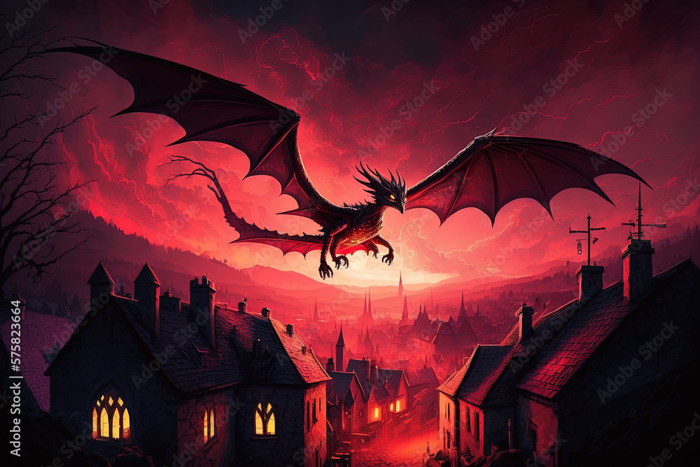 Big red dragon flying over a medieval town, generative AI, wallpaper Stock Illustration | Adobe ...