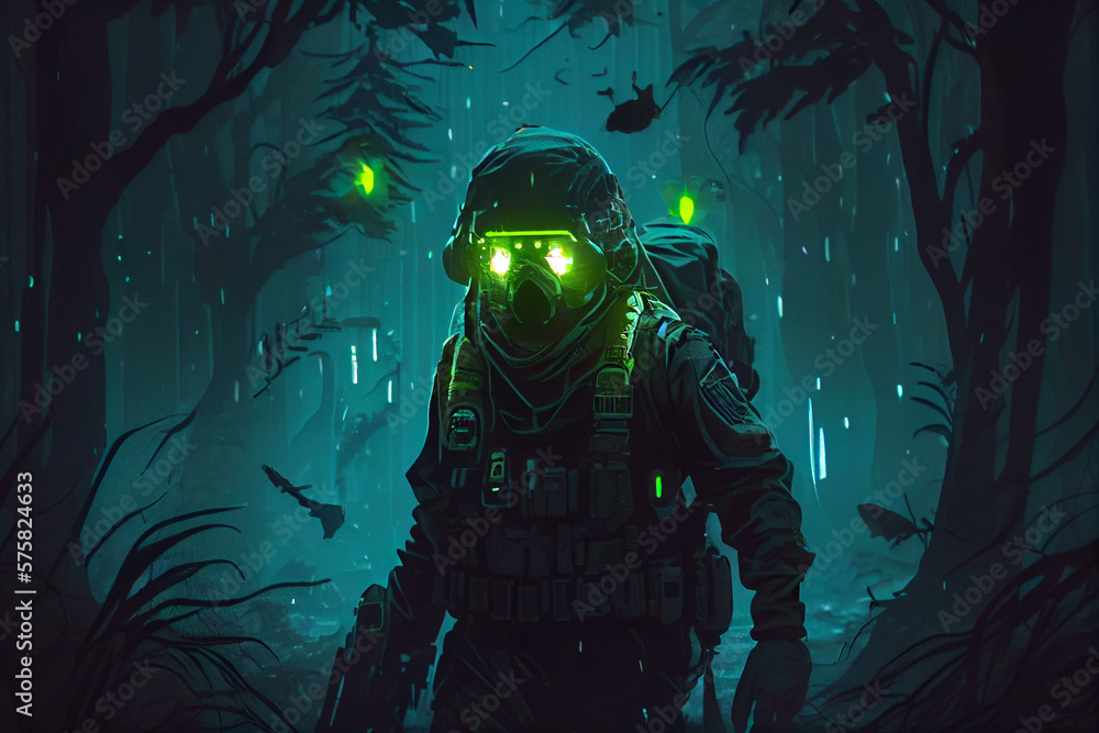 Green night vision goggles on special forces commando, generative art ...