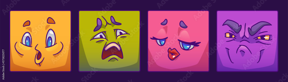 Funny characters faces in square shape with mouth and eyes. Cute comic ...