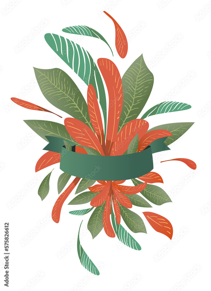 Ramo de plantas y hojas con liston verde. Ilustración sin fondo, fondo ...