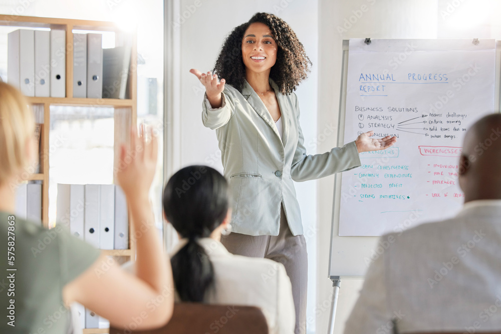 Presentation, question and business black woman in a workshop ...