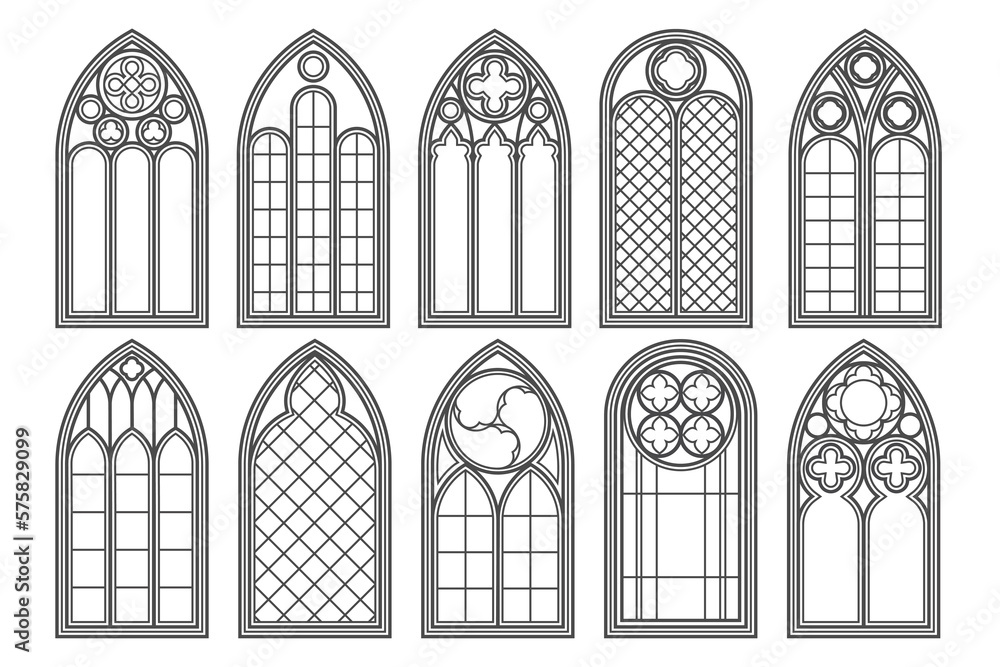 Gothic church windows. Vector architecture arches with glass. Old ...