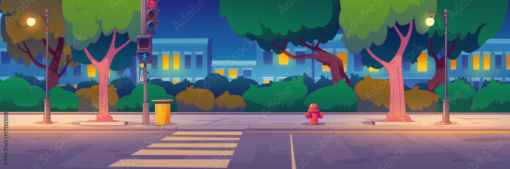 Night city street with buildings, traffic lights at crosswalk for ...