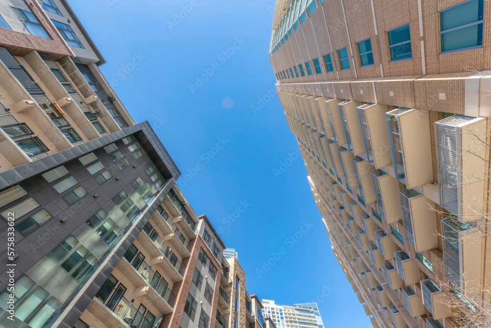 Austin, Texas- Apartment complex buildings in a low angle view. Two ...
