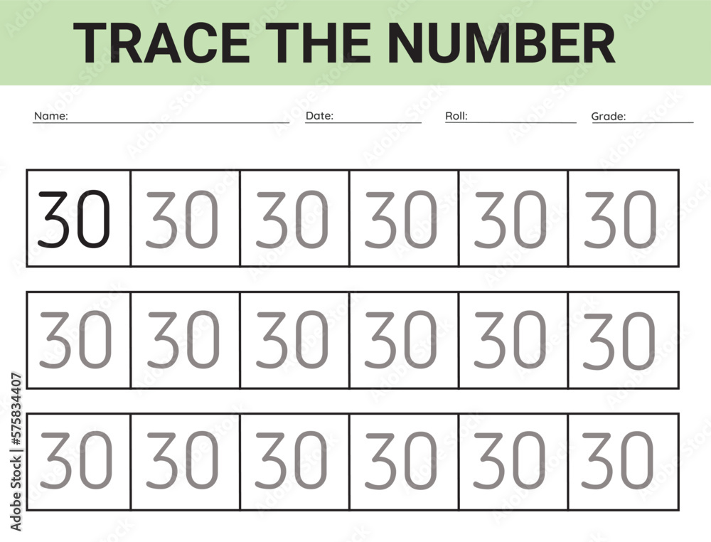 Number 30. card for kids learning to count and to write, worksheet for ...