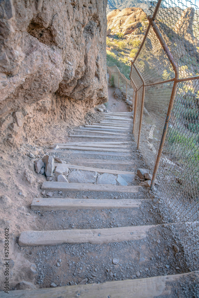 Phoenix, Arizona- Steep hiking trail with manmade wooden stairs at ...
