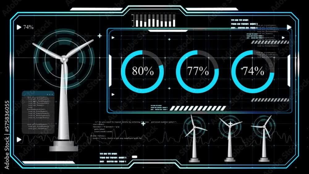 Real-time status graphic interface for wind generators. HUD hologram, displaying a wind turbine ...