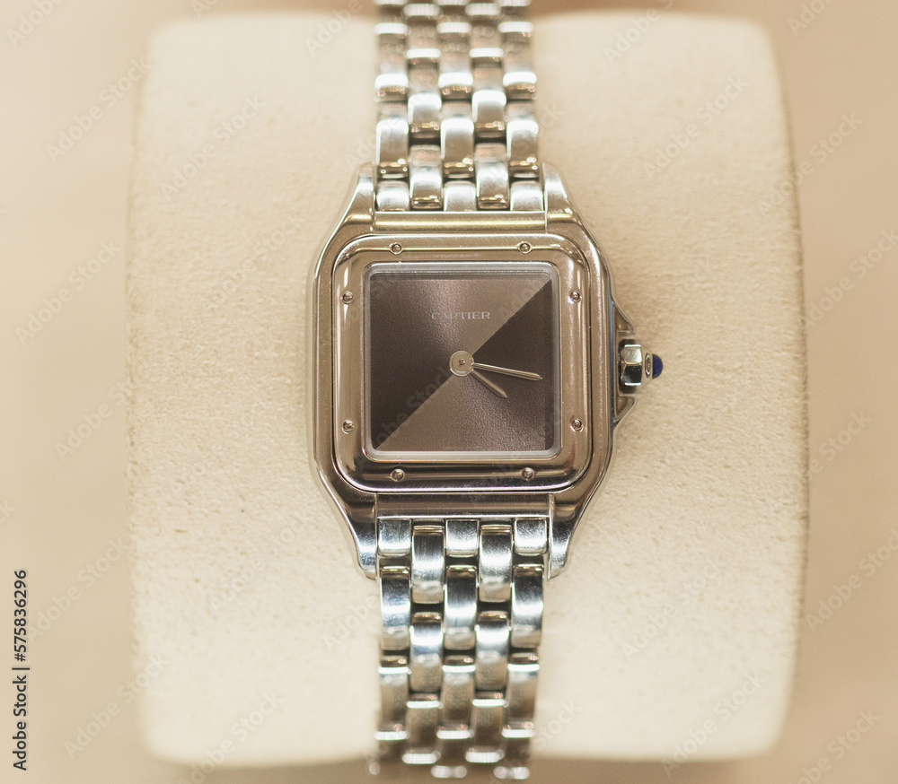 steel watch Panthère de Cartier, dark dial without numbers, small model ...
