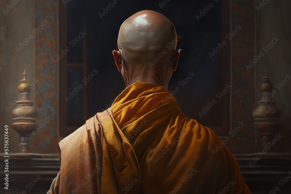 Religion Buddhism, spirituality concept. Rear view of bald buddhist ...