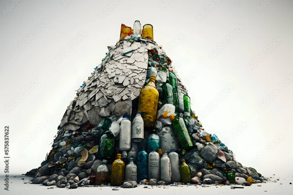 Mountain of garbage, plastic waste and wrapping paper on white isolated ...