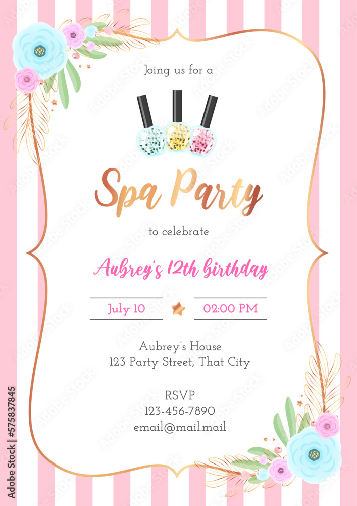 Spa birthday party invitation template. Beautiful pink striped ...