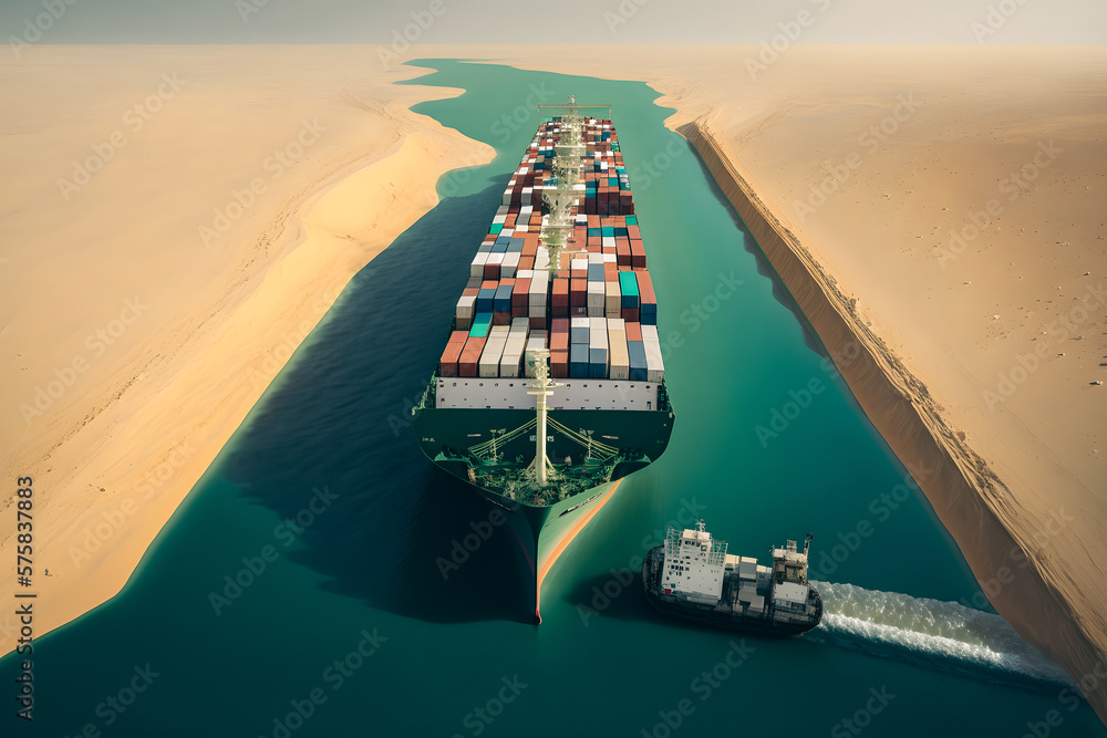 Container Cargo ship passes through transport channel, accompanied by ...