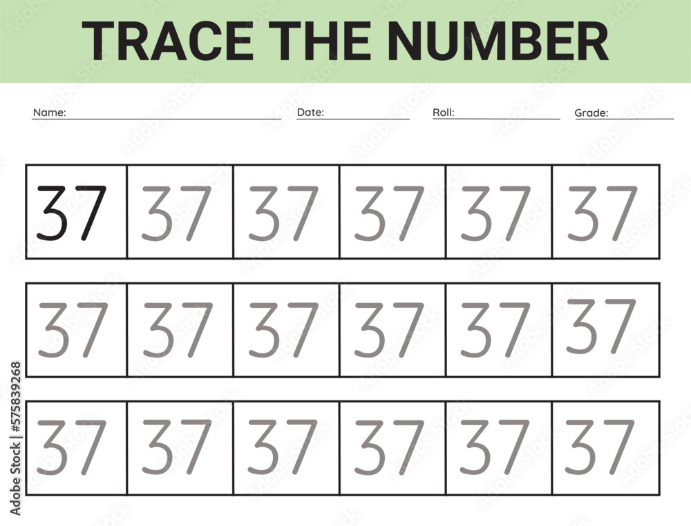 Number 37. card for kids learning to count and to write, worksheet for kids to practice writing ...