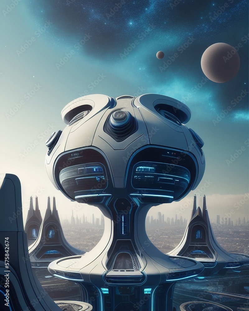 Futuristic spherical shaped building supported by a conical base on an ...
