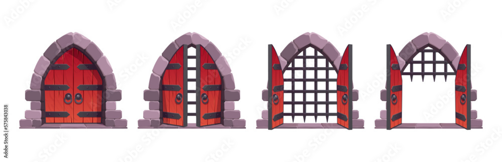 Medieval castle gates open animation cartoon vector asset. Set of old ...