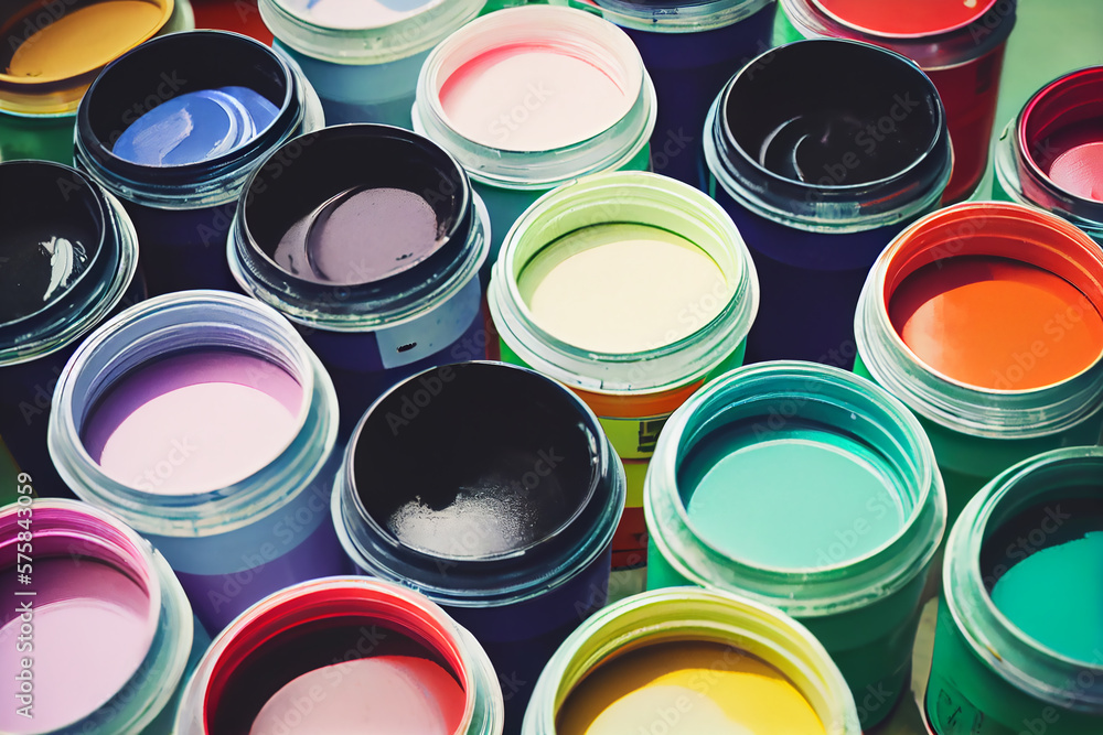 Paint cans color palette, cans opened top view. Generative AI. Stock ...