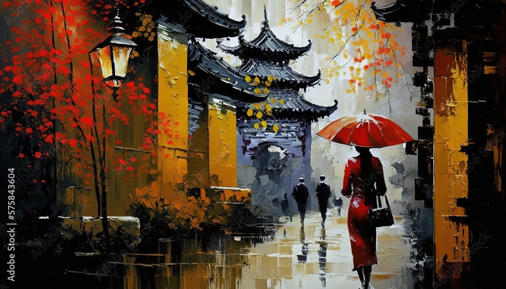 paint like illustration of beautiful ancient Asian village small town ...