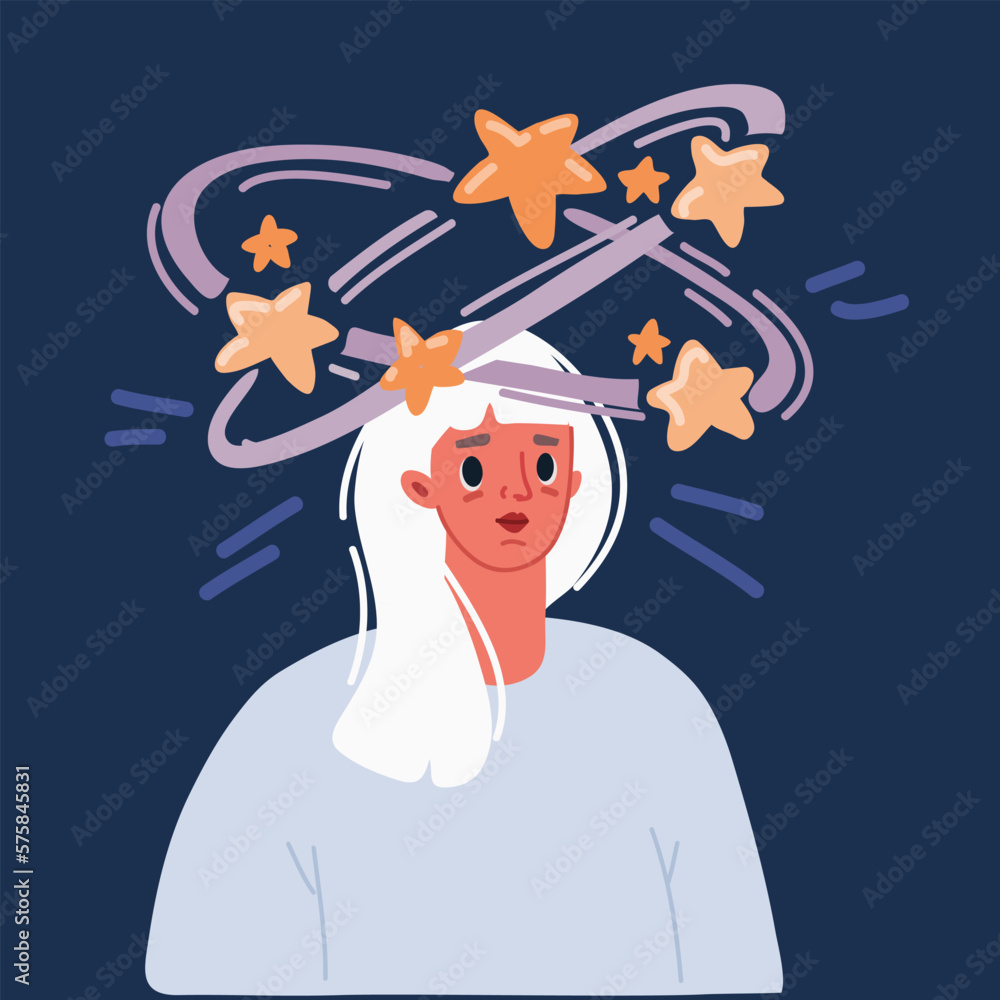 Cartoon vector illustration of Sick woman having dizzy symptom on dark ...