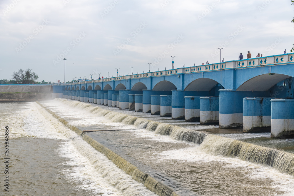 Perfect view of Kallanai Dam . One of the world's oldest dams. The Kaveri River water flows on ...