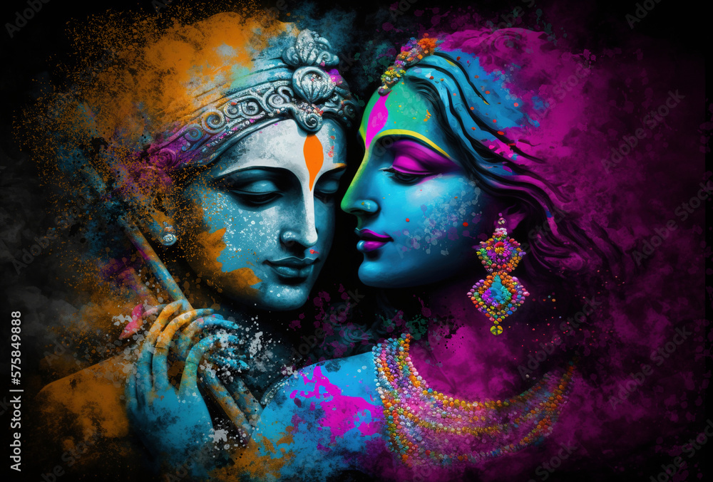 Hindu mythological couple Krishna and Radha in Holi festival concept ...