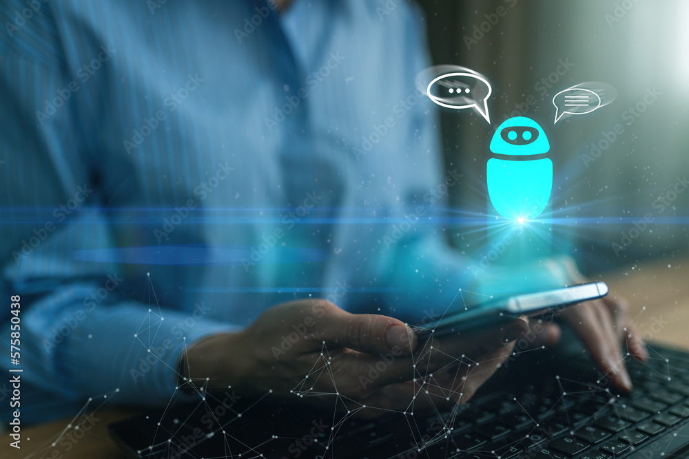 Female using chatbot in smartphone intelligence Ai. Chat with AI ...