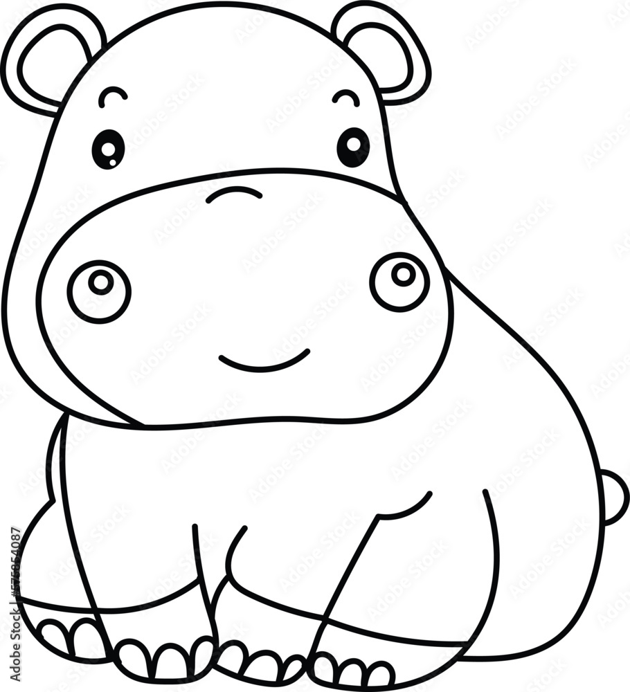 Cute hippopotamus cartoon. Black and white lines. Coloring page for ...
