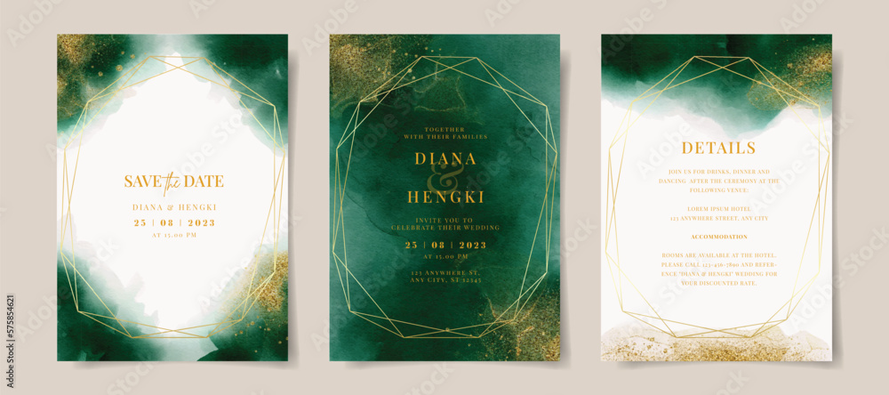 Elegant emerald green watercolor and gold on wedding invitation card ...
