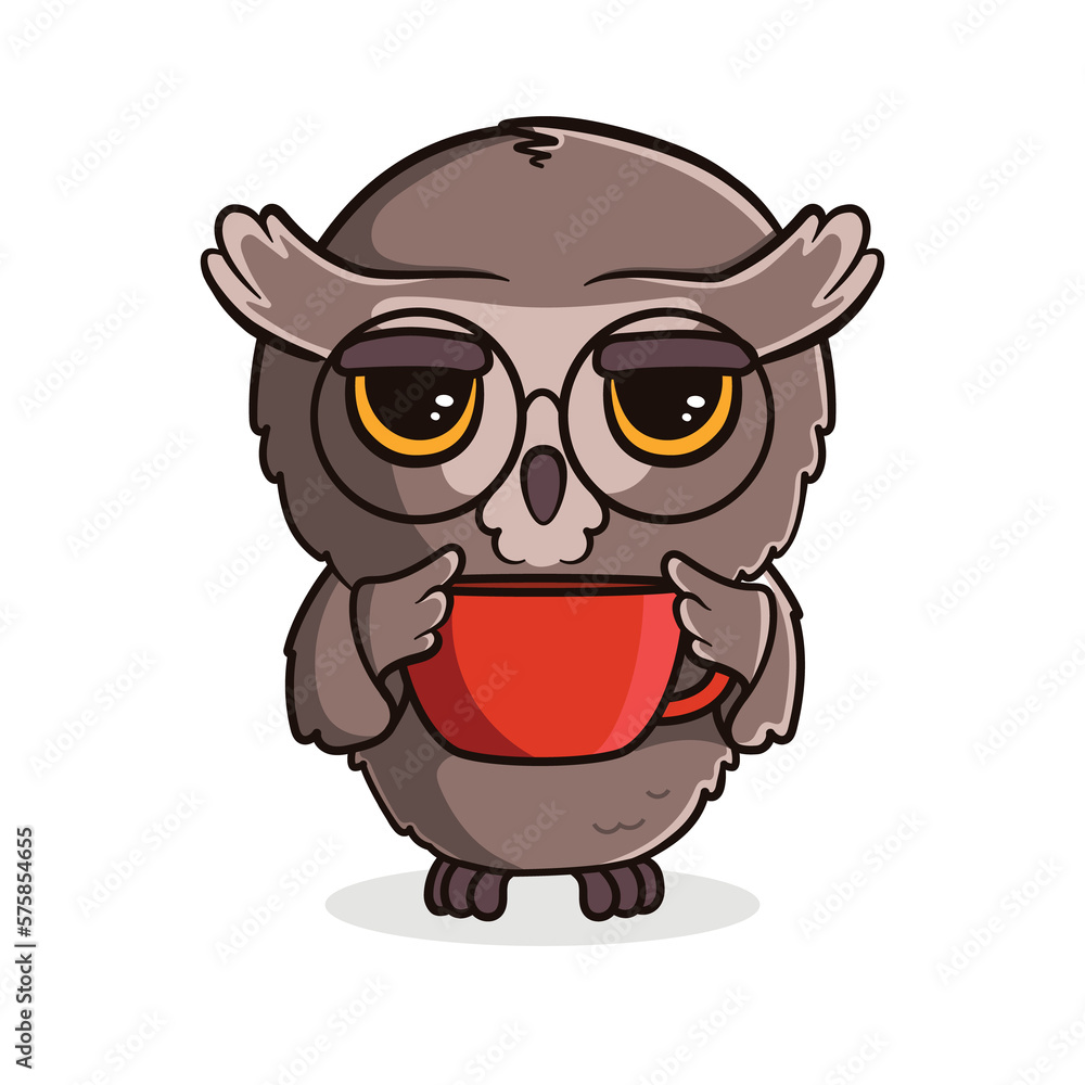 Cute cartoon owl with a cup of tea or coffee. Illustration on ...