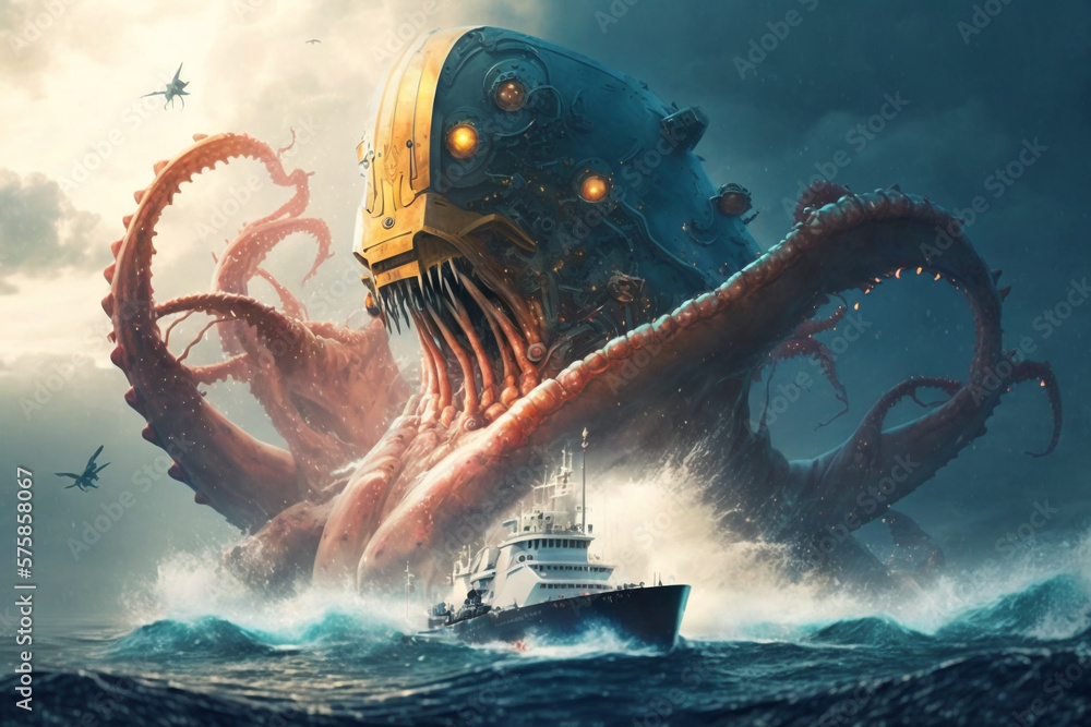 giant robotic squid fighting in the middle of ocean , generative ai ...