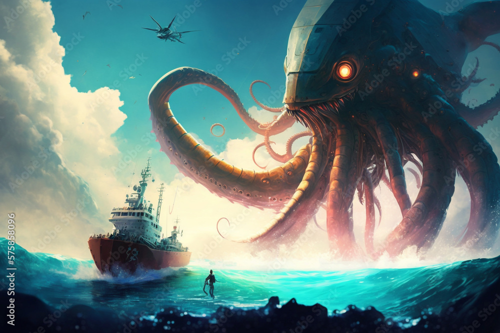 giant robotic squid fighting in the middle of ocean , generative ai ...