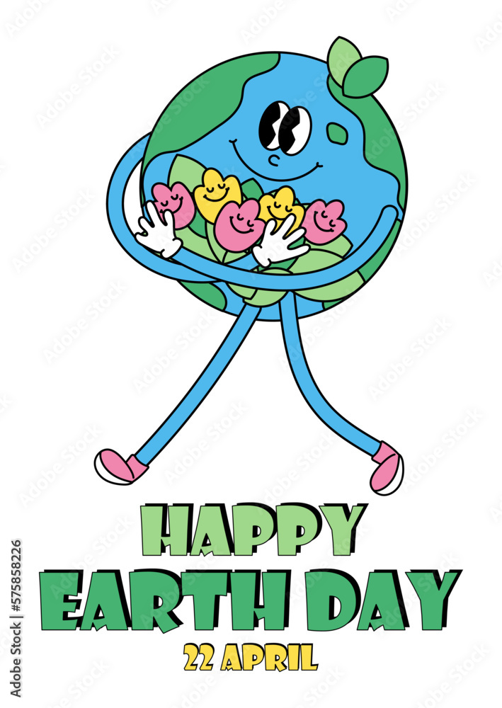 Earth day modern vintage and retro card with Earth globe character ...