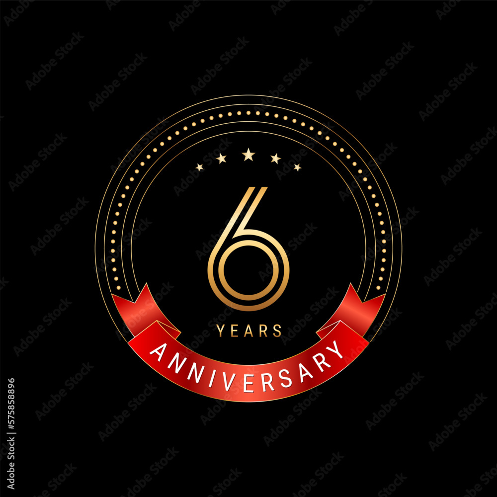 6th Anniversary. Anniversary logo design with golden number and red ...