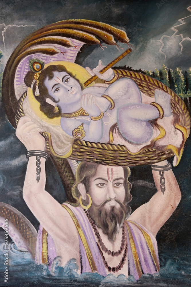 Painting in Gokul : Krishna as a baby carried over the Yamuna River by ...