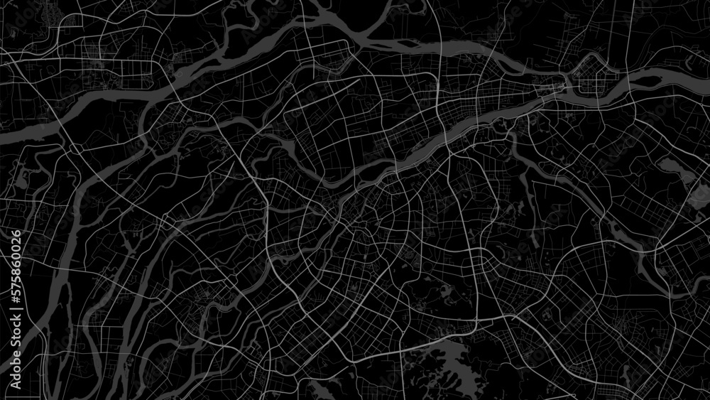 Dark black Dongguan city area vector background map, roads and water ...