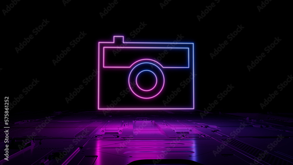 Pink and Blue neon light camera icon. Vibrant colored Photo technology ...
