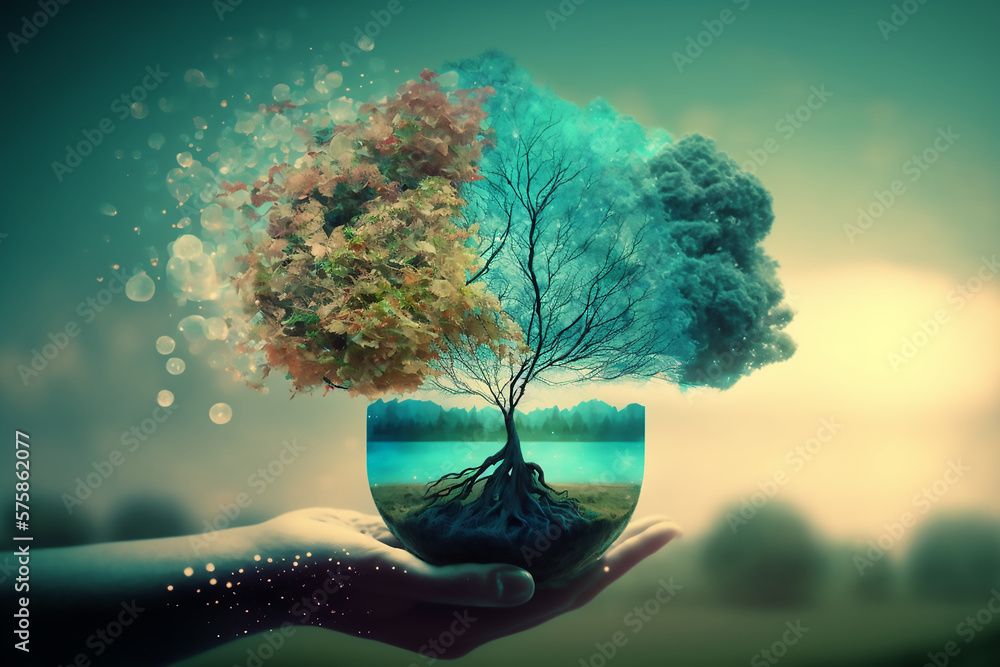 Ecosystem tree on a hand background blur, Generative AI Stock ...