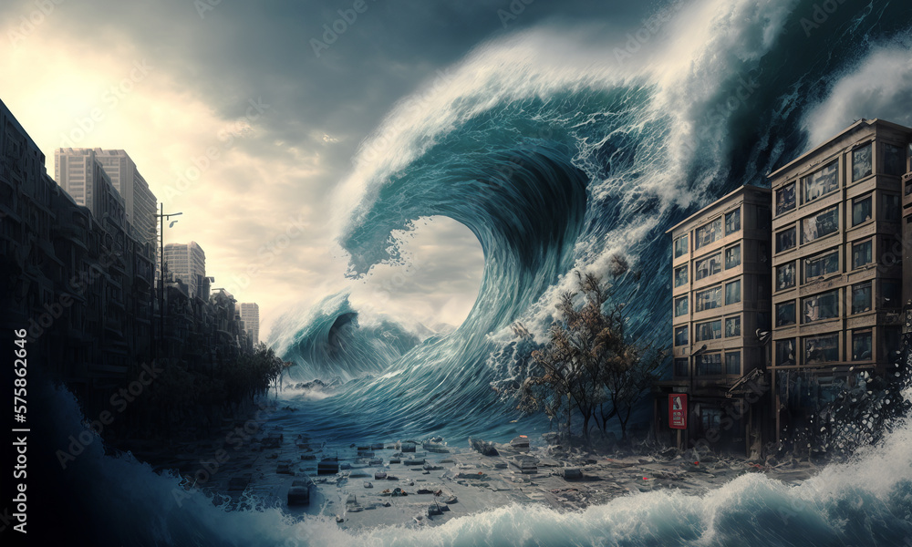 Huge tsunami destroying a city. Dramatic scenery with a big wave ...