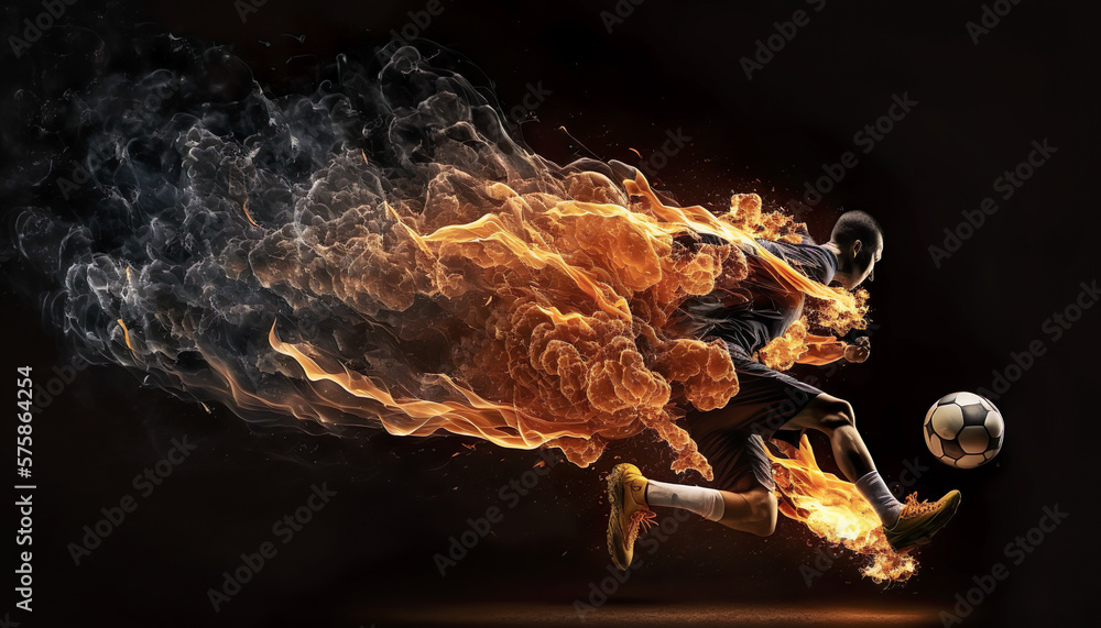 soccer player with football fire flame flying.sport action for ...